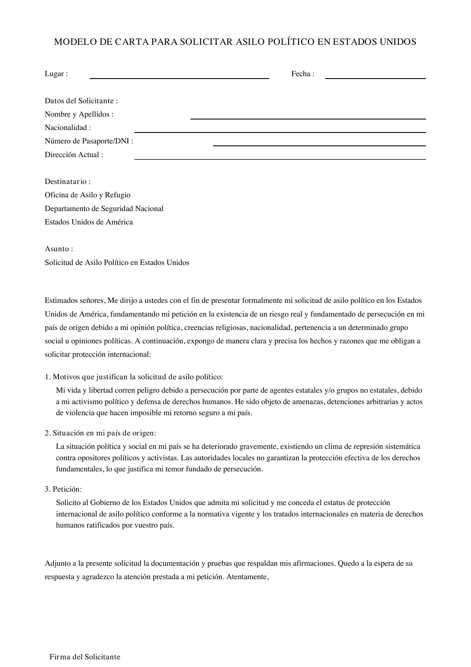 Modelo De Carta Para Solicitar Asilo Político En Estados Unidos